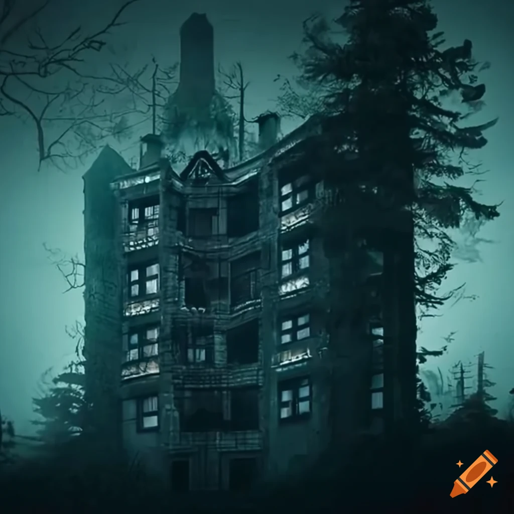 Spooky apartment building in a forest on Craiyon