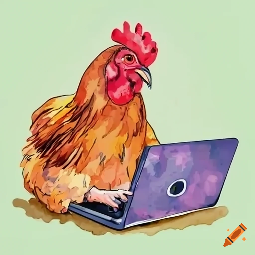 Chicken wearing glasses typing on a laptop with headphones on Craiyon