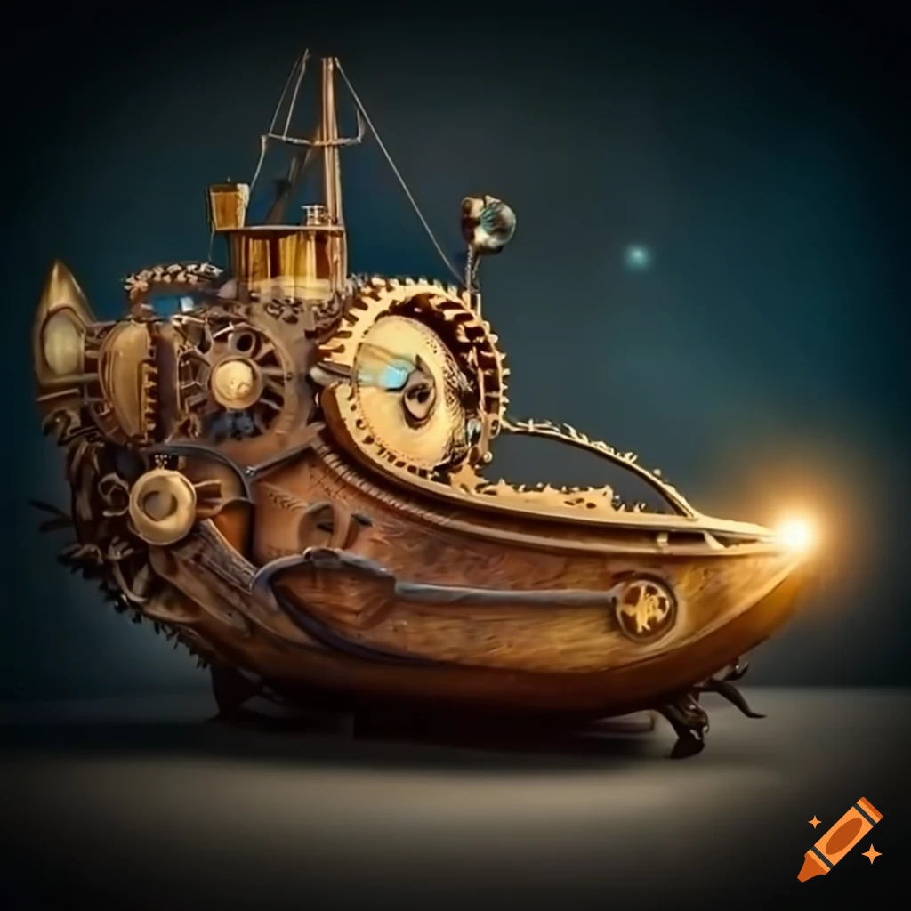 Surrealistic steampunk scene with giant boat and crabes on the beach on ...