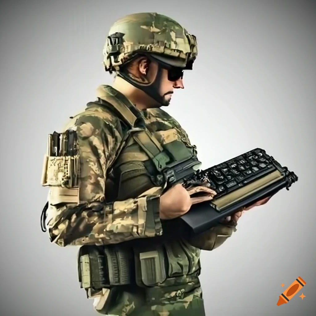 Creative soldier holding a computer keyboard