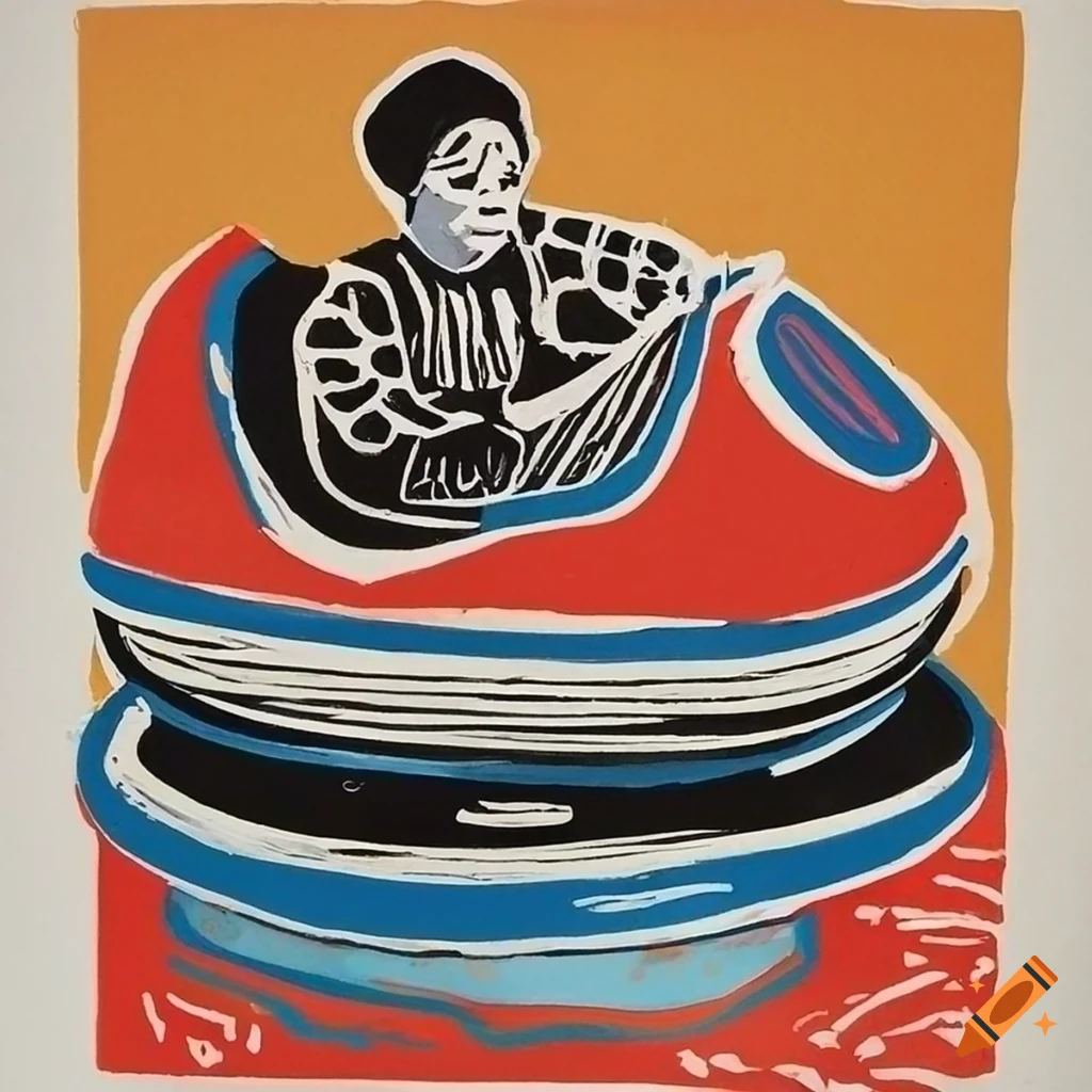 Lino print of people in dodgem cars