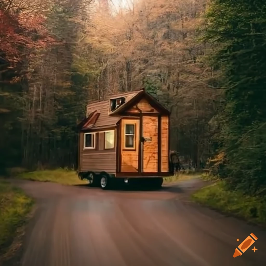 Scenic countryside with a moving tiny house on Craiyon