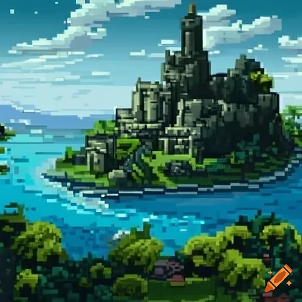 Pixel art of a dark fantasy island with a magic skull on Craiyon