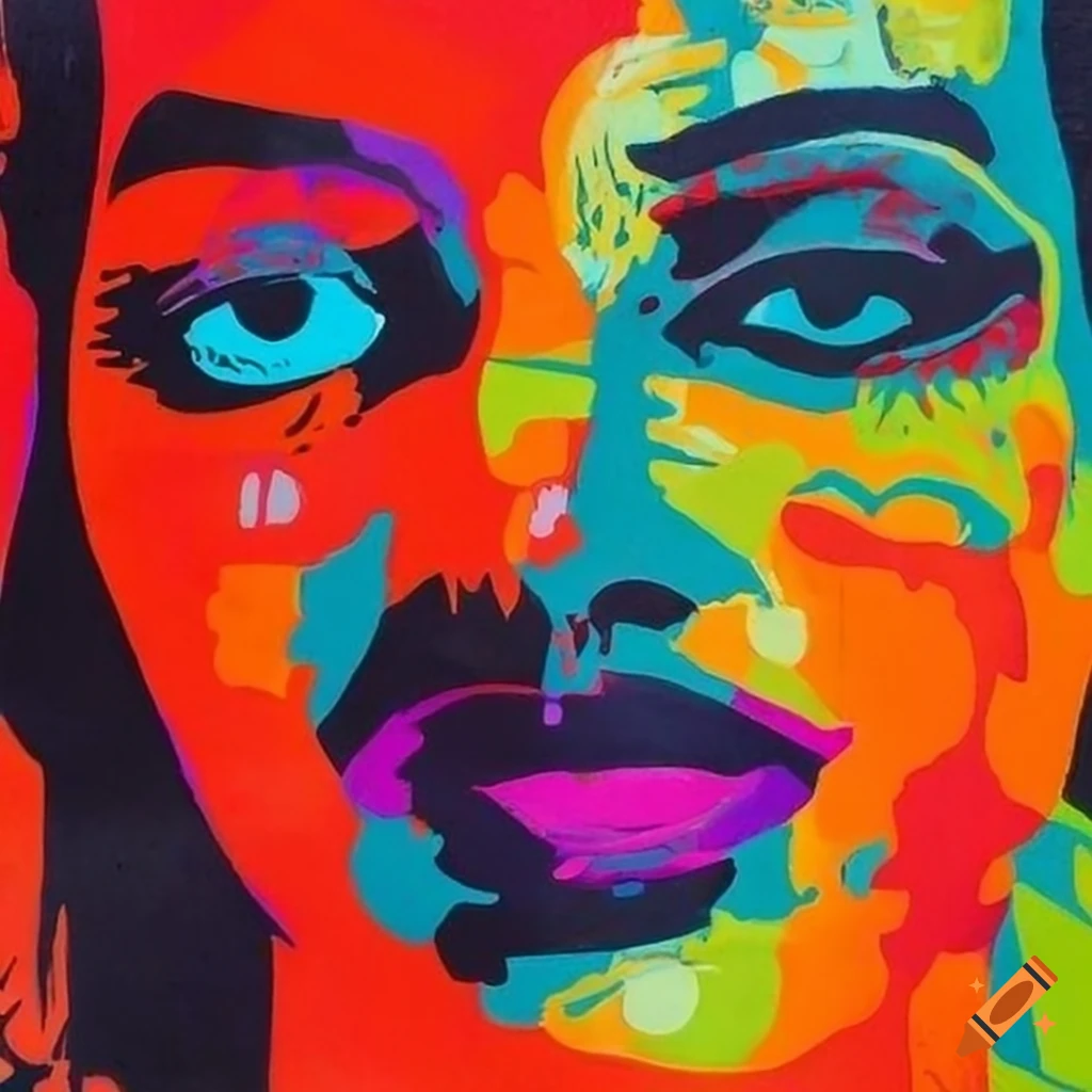 Vibrant lino print of faces against graffiti wall
