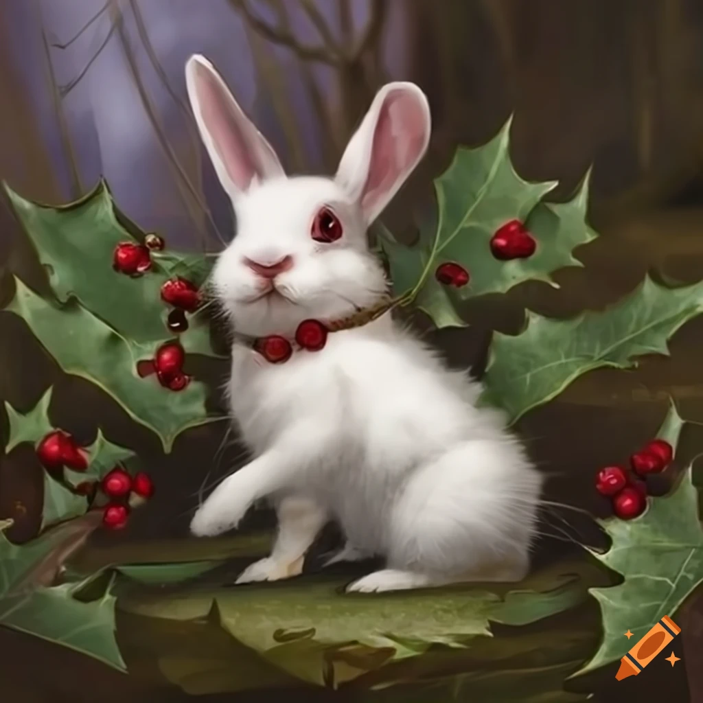 Epic artwork of a white rabbit with holly leaves on Craiyon
