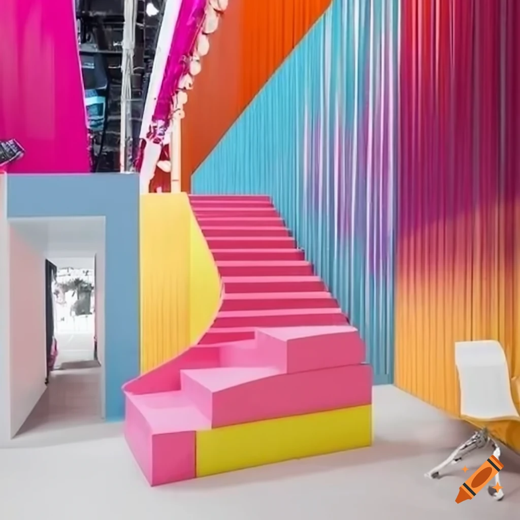 Colorful fashion fair booth made of stairs on Craiyon