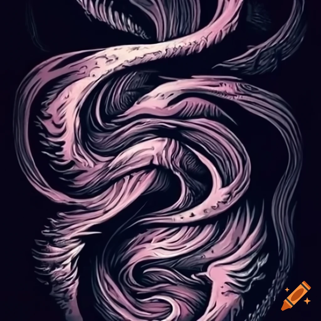 Woodcut painting with smoke and waves in Giger style on Craiyon