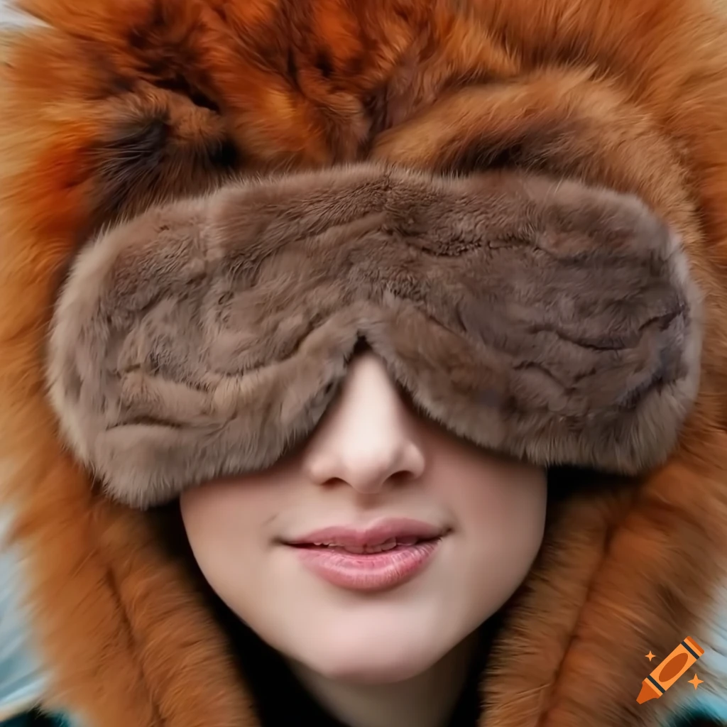 Woman with red hair wearing a fluffy fur coat and sleep mask on Craiyon
