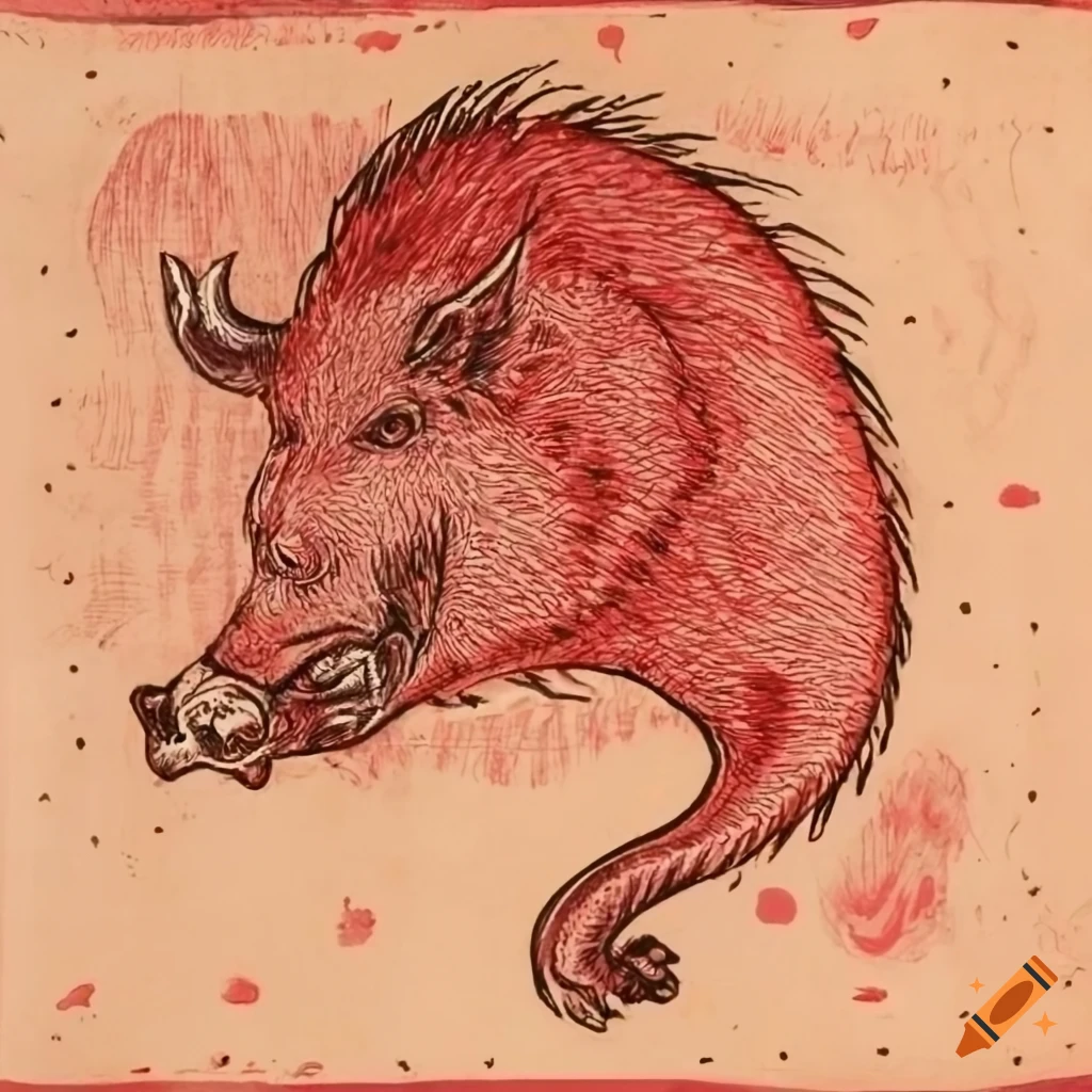 Boar's head drawing on a red background on Craiyon