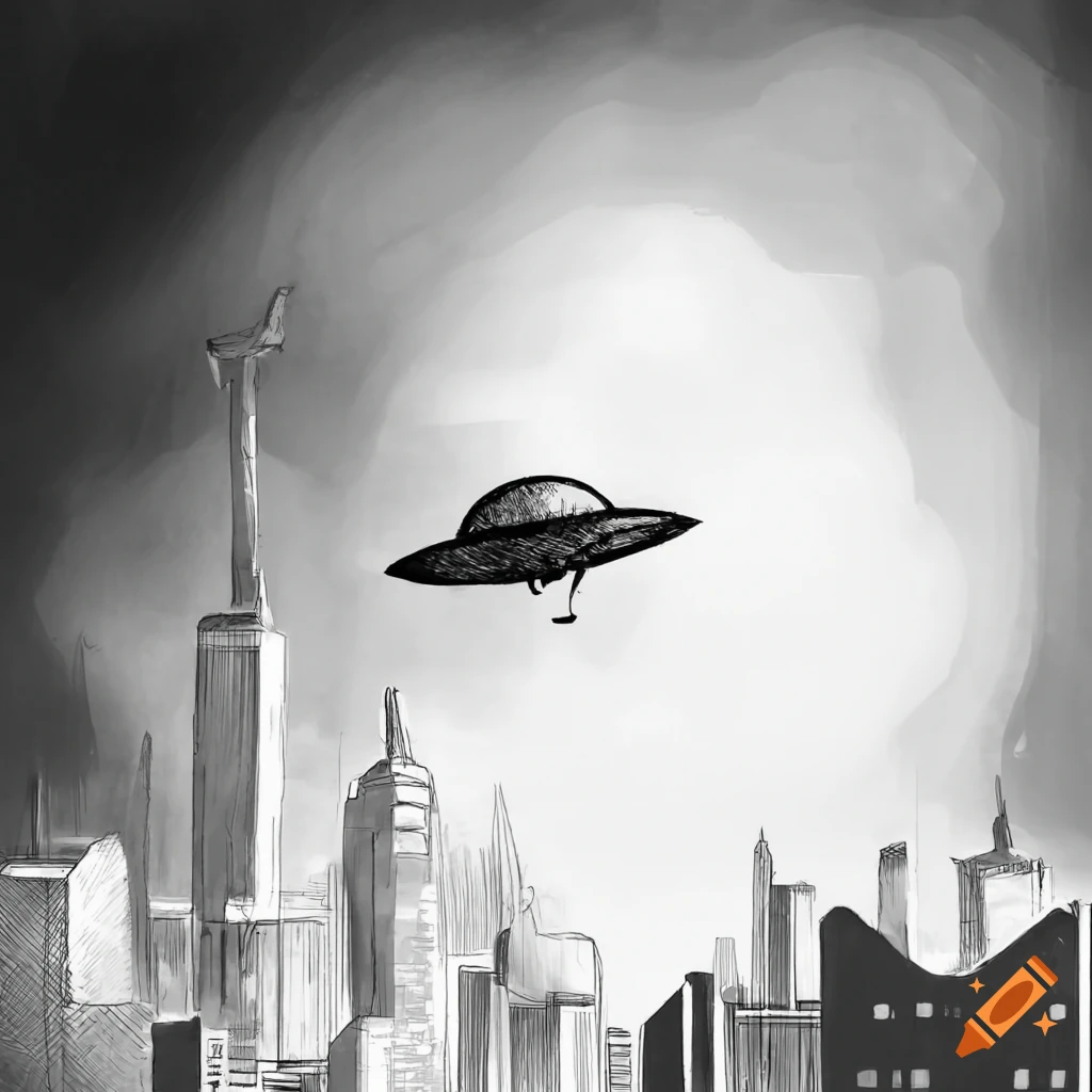 Black and white ink drawing of a ufo in a city