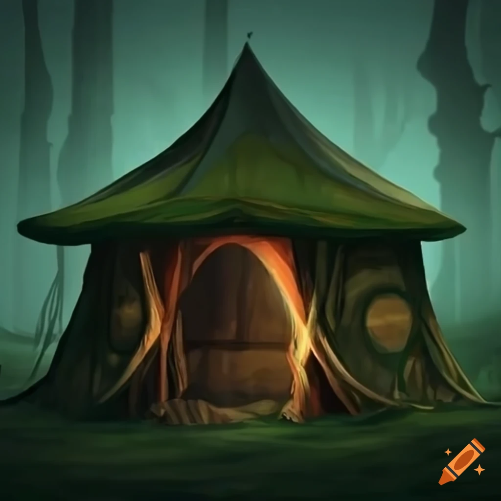 Creepy tent in the dark forest on Craiyon