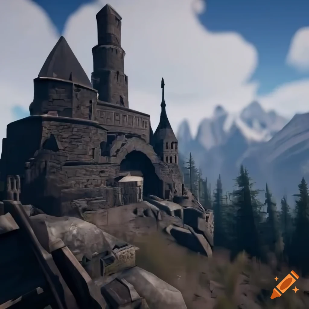 Australian castle with beige brick and black roof on grass surrounded ...