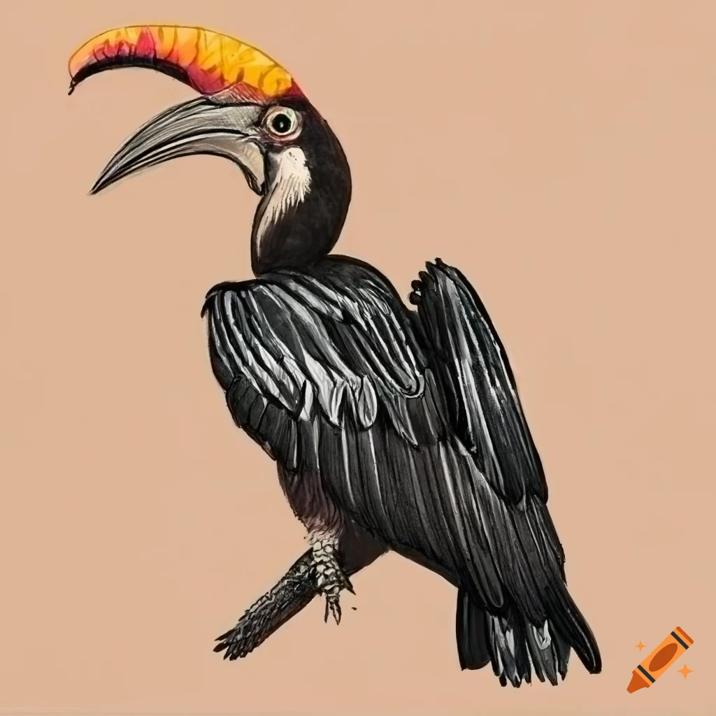 Drawing of a flying hornbill