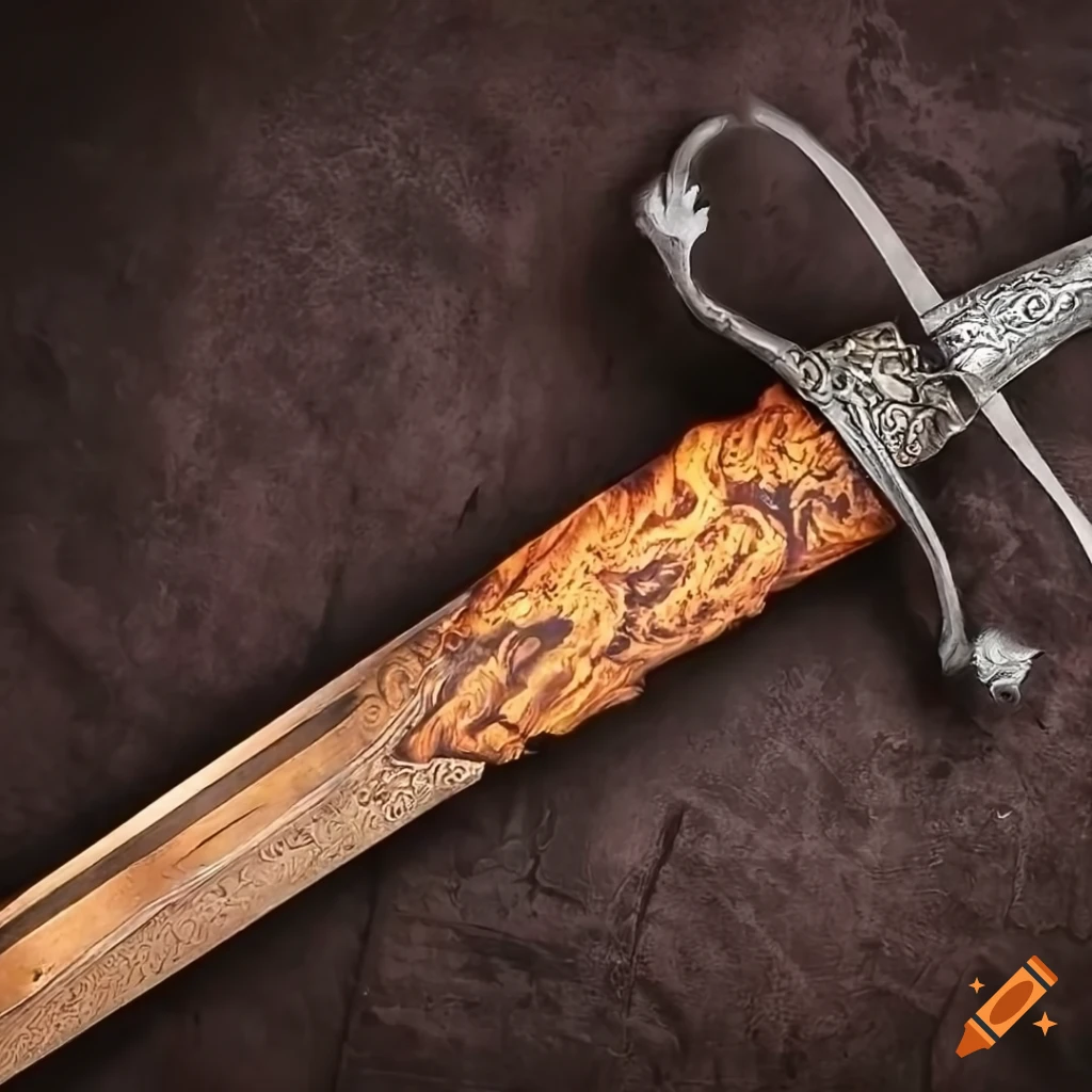 Flaming longsword with Emberdane family sigils on Craiyon