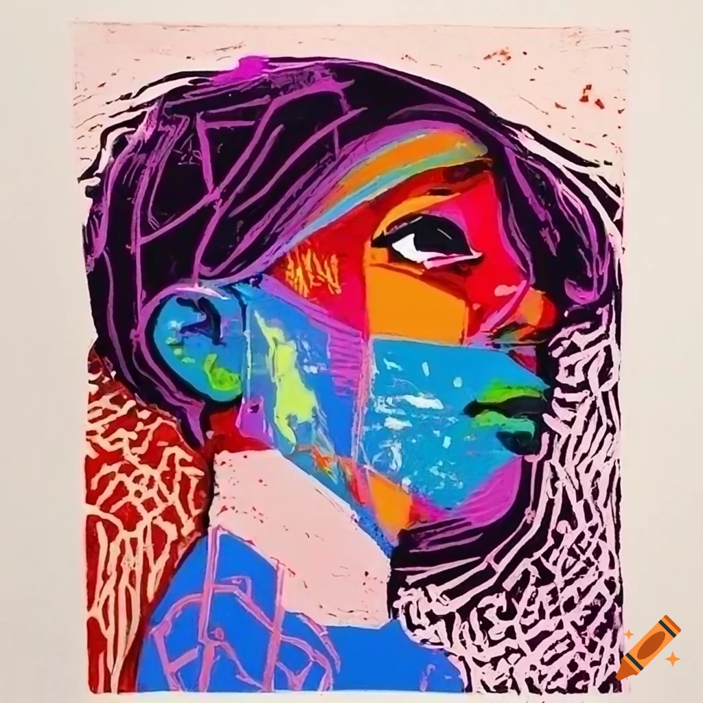 Vivid lino print artwork with actors and symbols on Craiyon