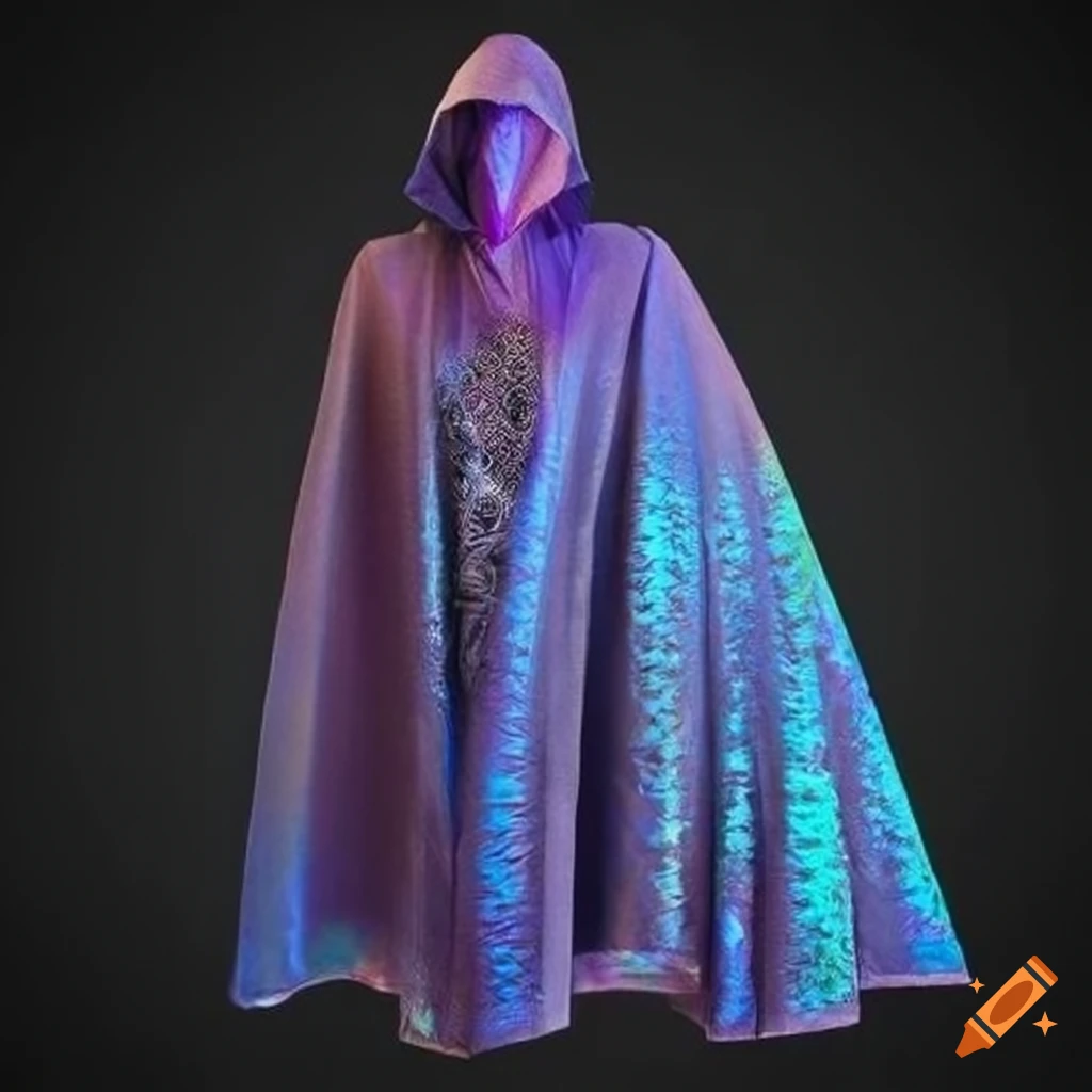 Iridescent cloak with a silver moon motif