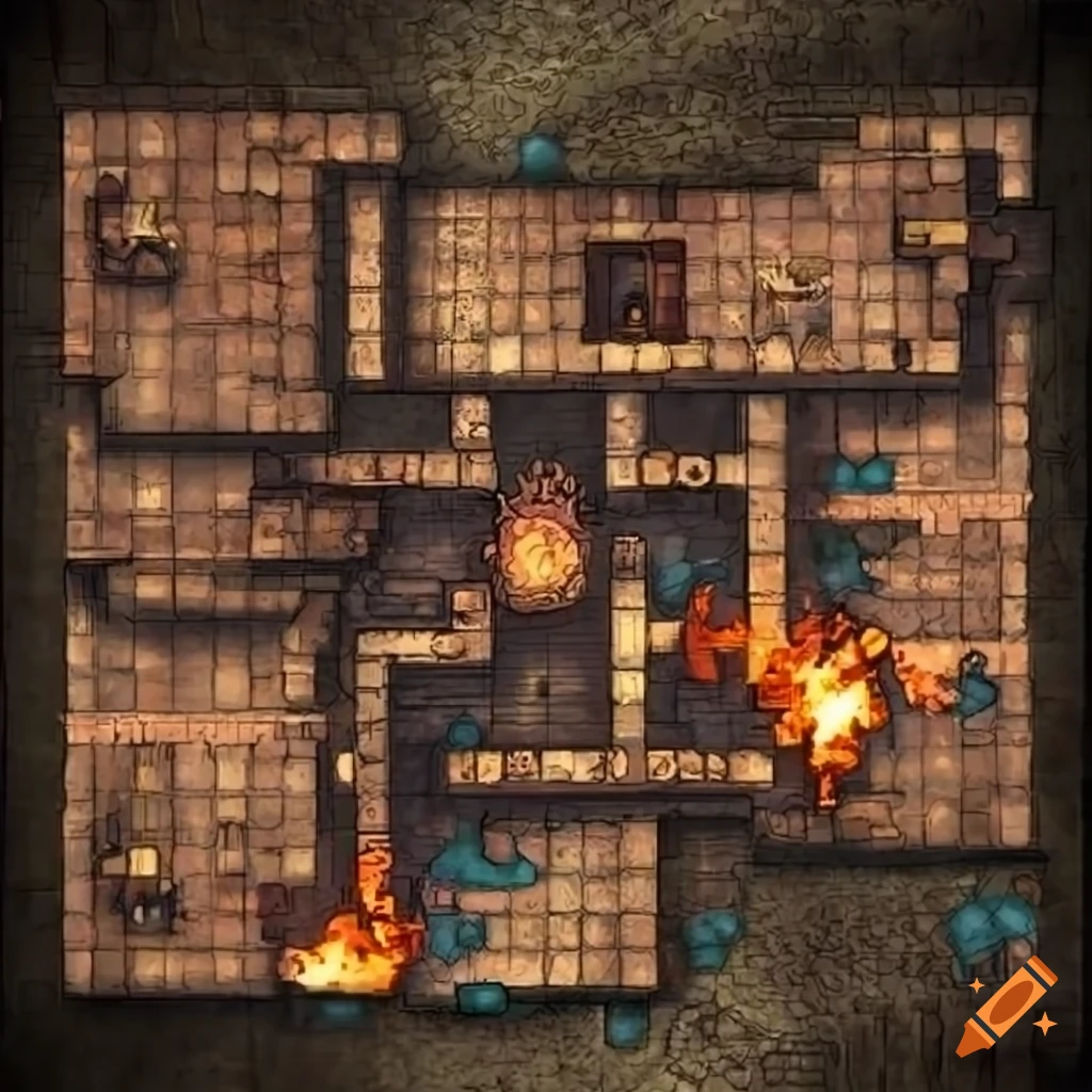 Top-down rpg game map of a burning castle ruin and city on Craiyon