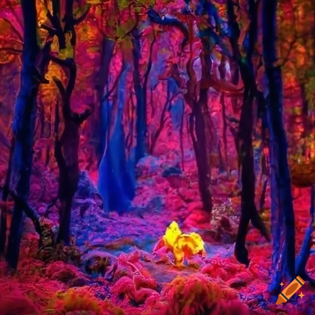 Vibrantly colored mystical beast in a candy forest on Craiyon