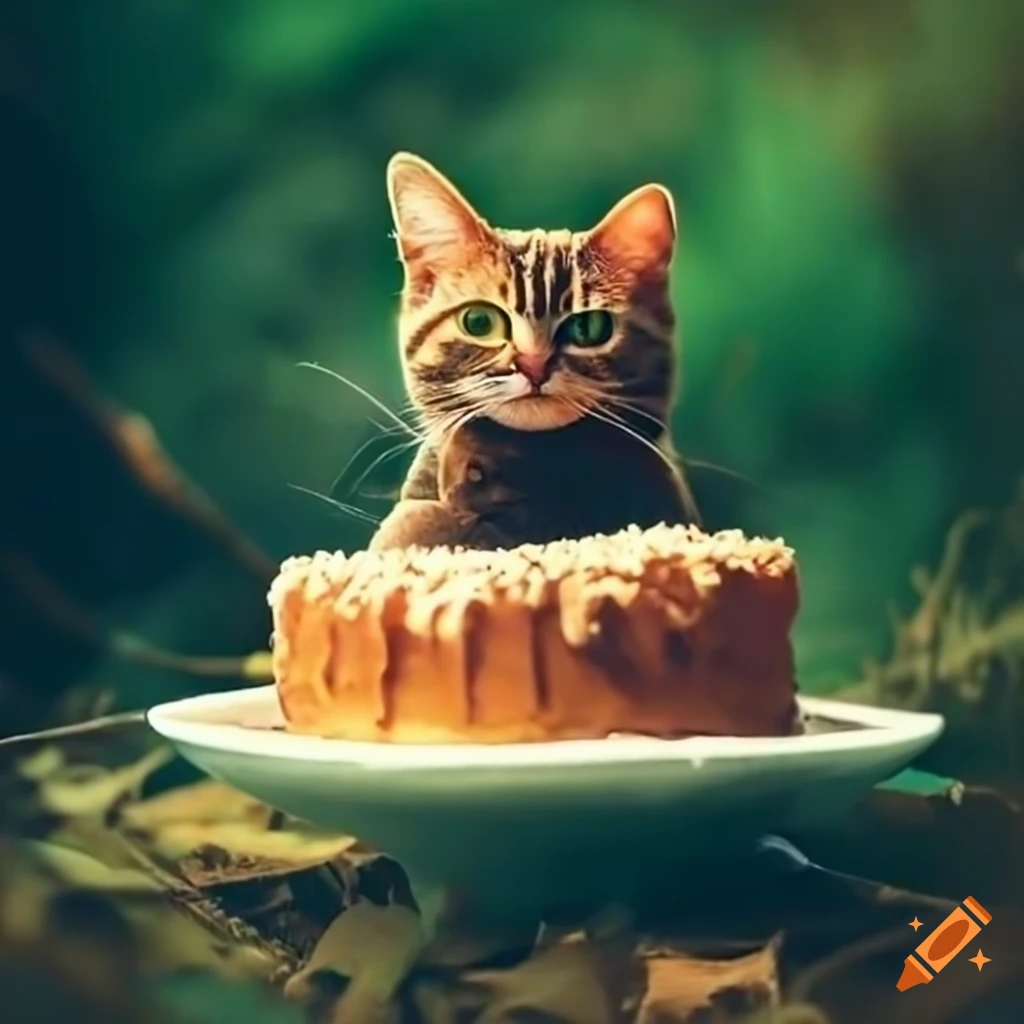 Cat with a cake in nature on Craiyon