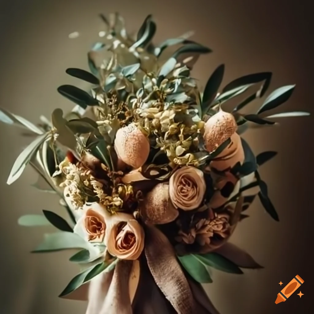Bouquet of olive branches and earthy flowers