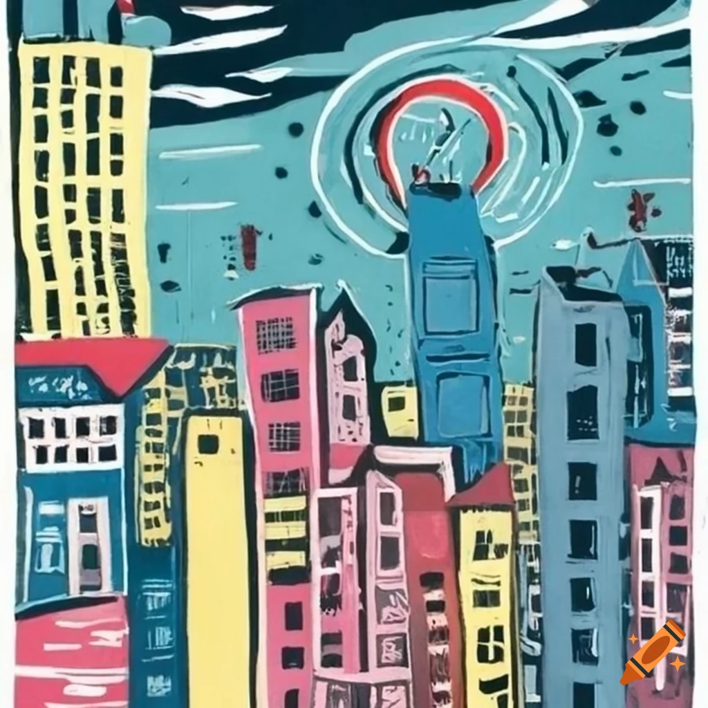Colorful lino print of a cityscape