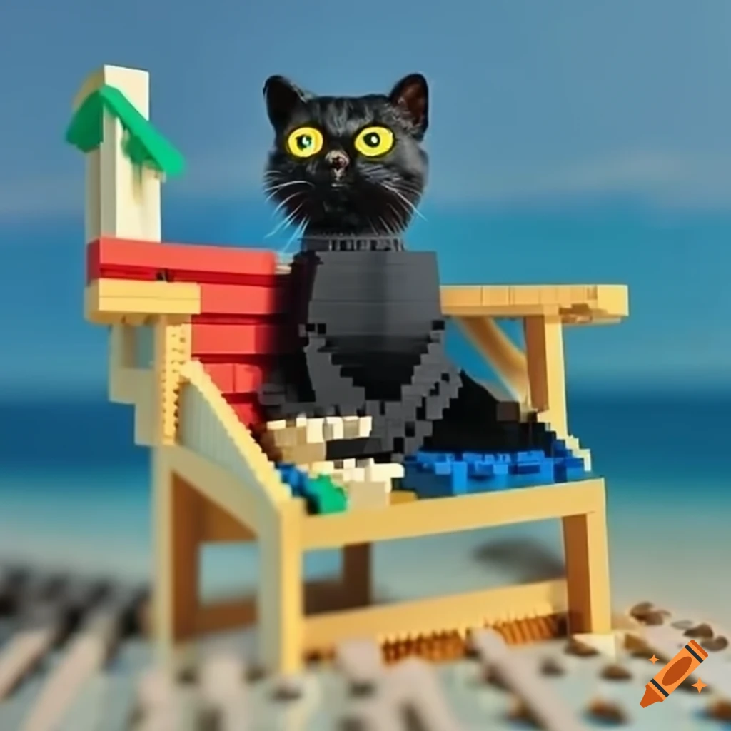 Lego brick cat on a beach chair at the ocean on Craiyon