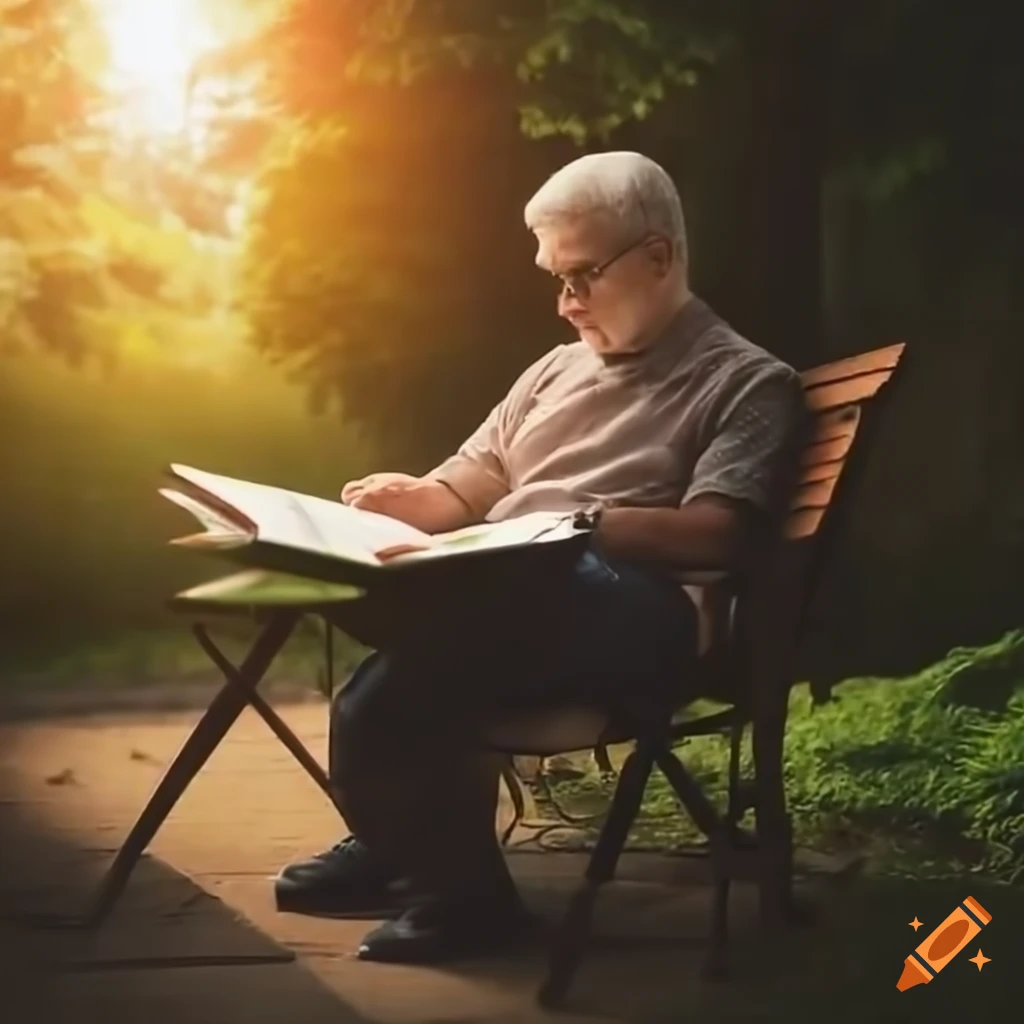 Man reading books in a beautiful outdoor setting on Craiyon