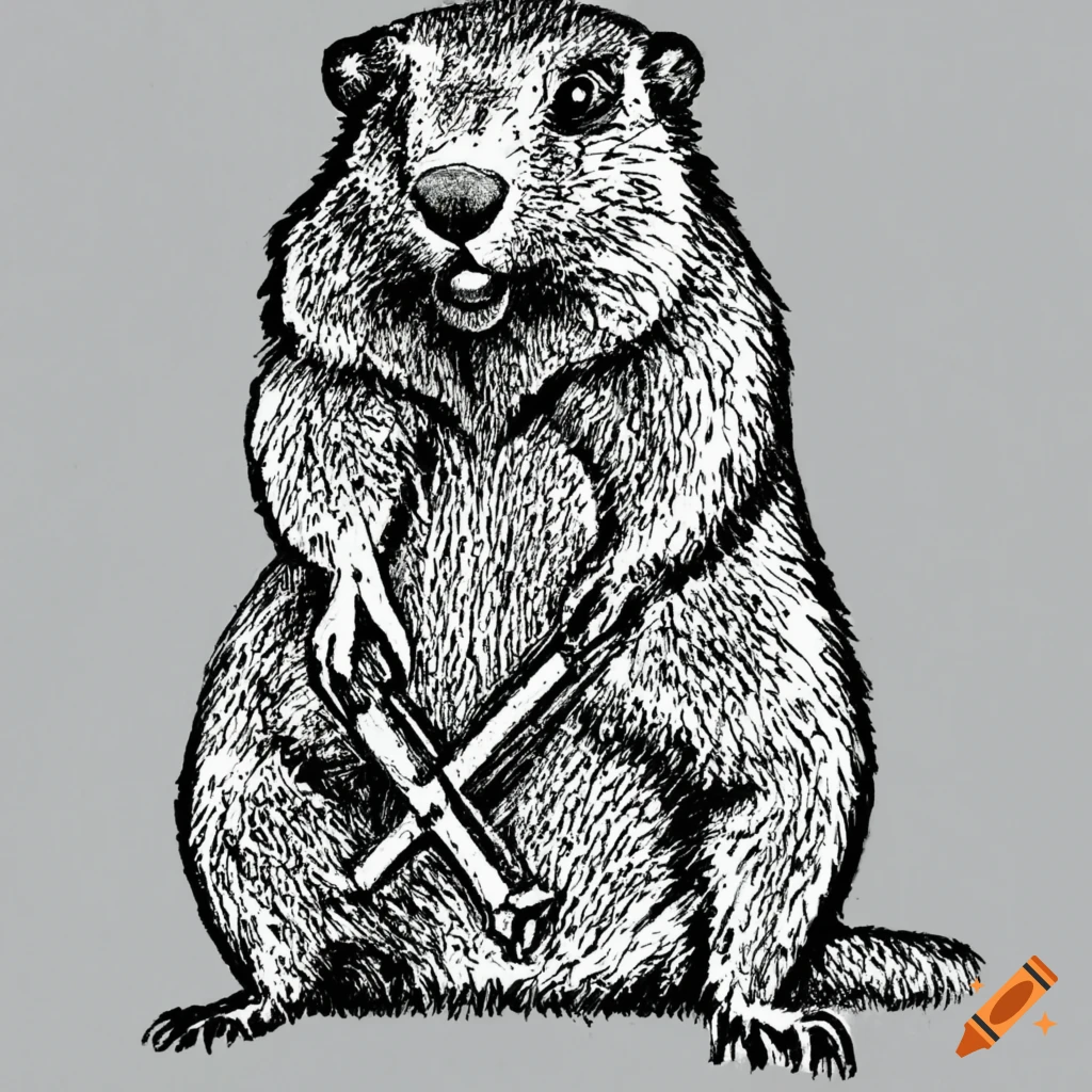 Sketch of a groundhog with machine guns on its back on Craiyon