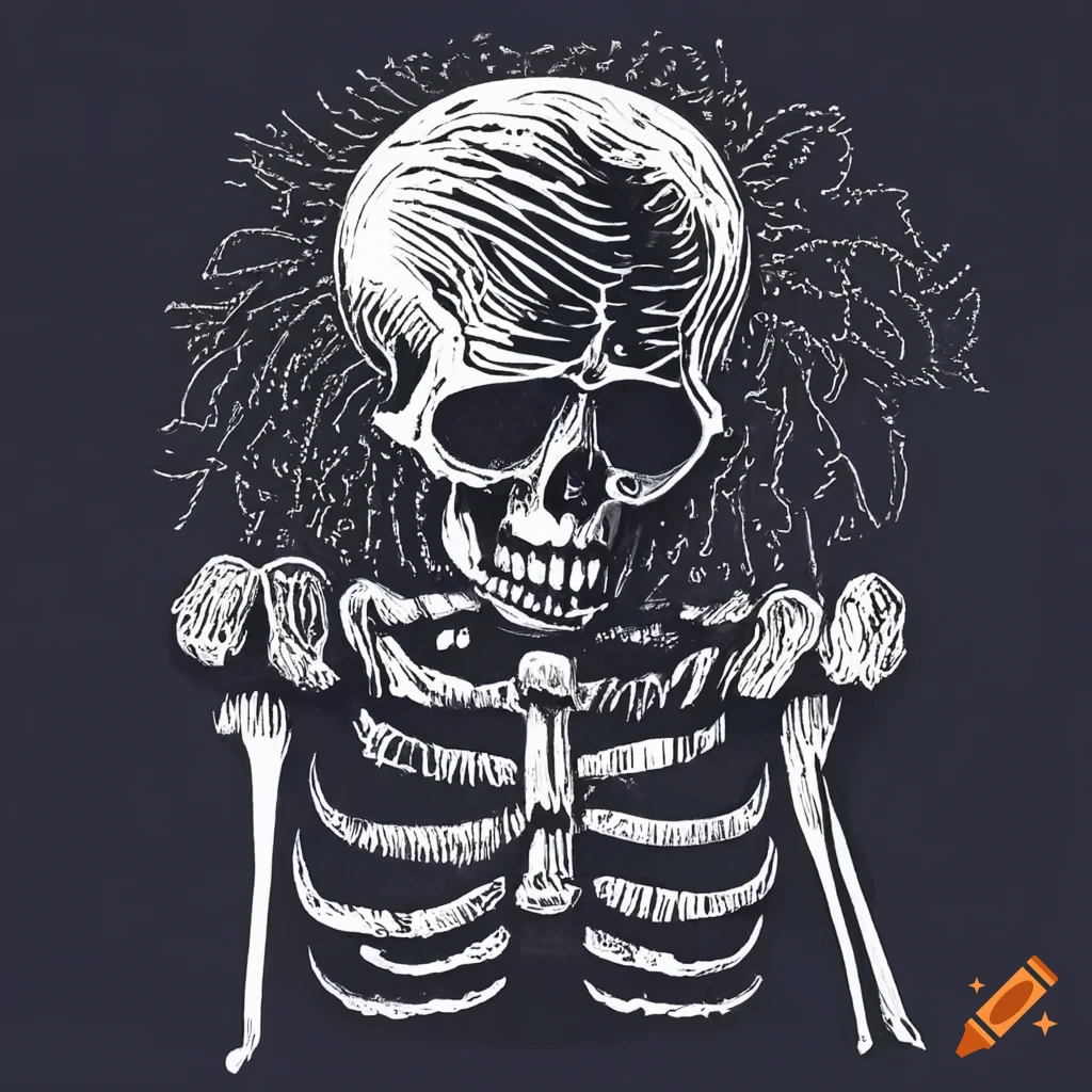 Linocut style artwork of a skeleton coming out of a TV screen on Craiyon