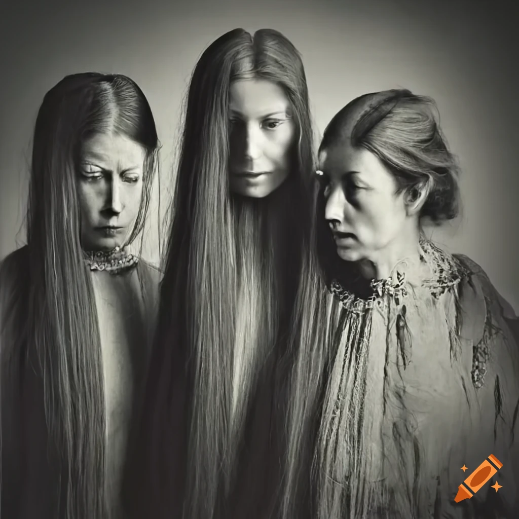 Black and white photo of three women in medieval setting on Craiyon