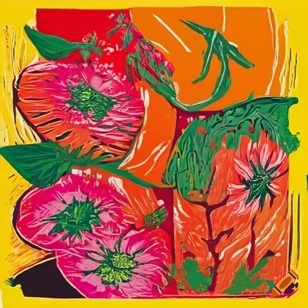 Vibrant lino print of a vegetable garden on Craiyon
