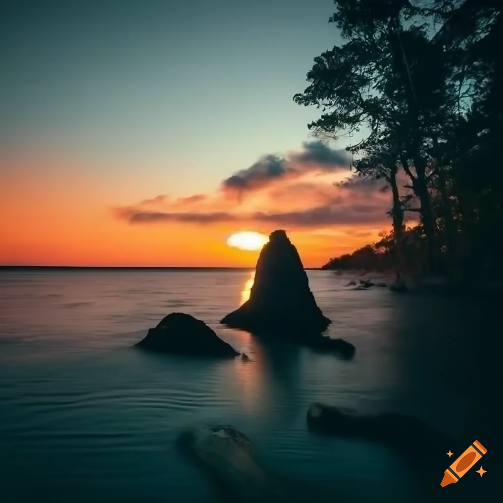 Sunset on a beautiful island with woods and ocean