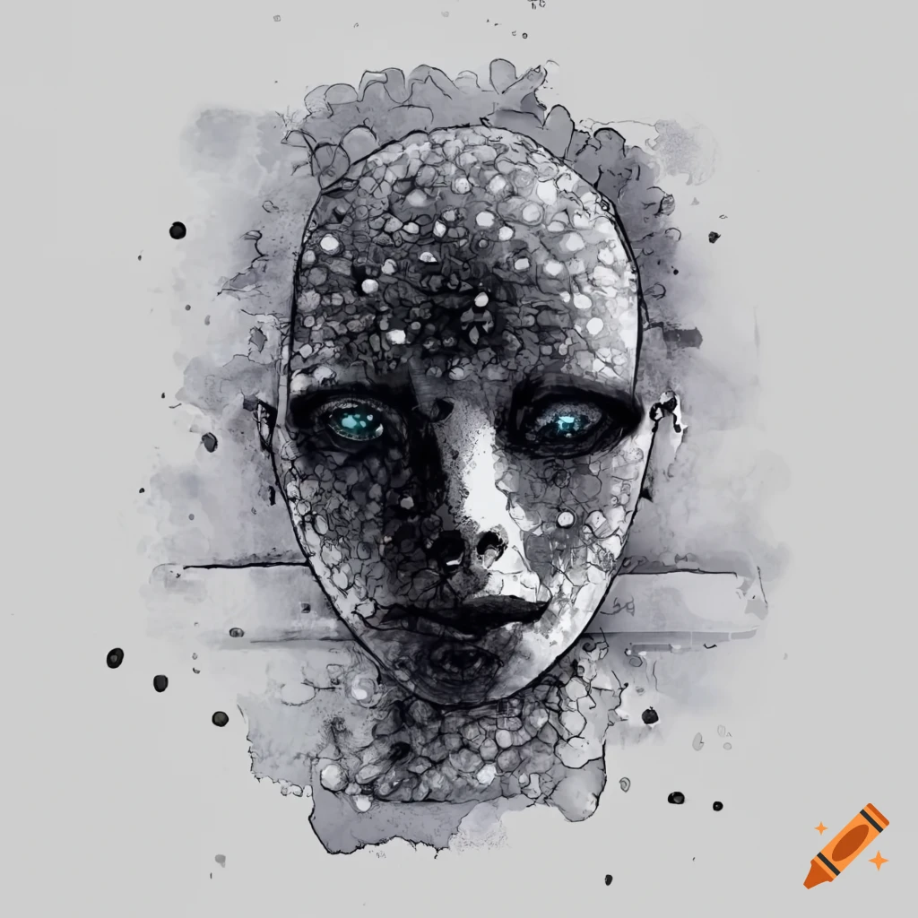 Cracked gray stone humanoid face sculpture on Craiyon