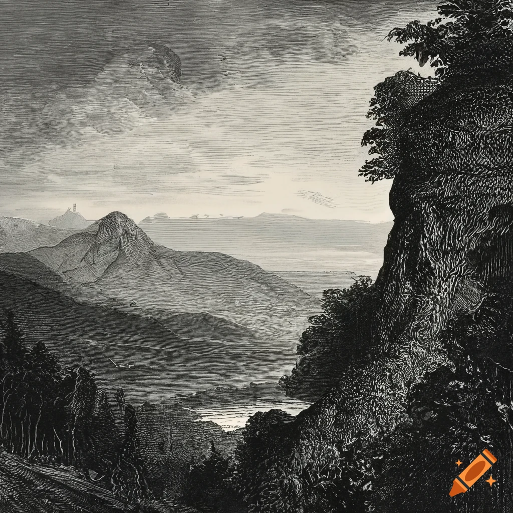 19th century landscape engraving with dark cloudy sky