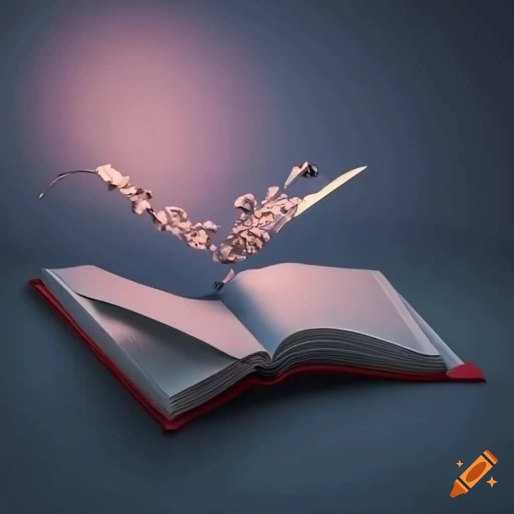 3D rendering of an open book with flipping pages on Craiyon