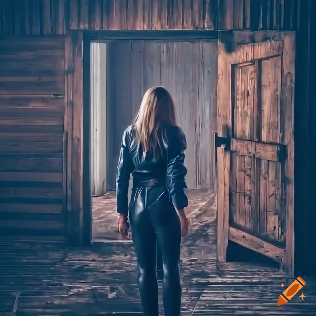 Rear view of irish women in plaid shirts looking through barn door