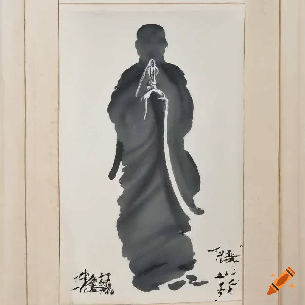 Chinese ink painting of a mustached monk meditating on Craiyon