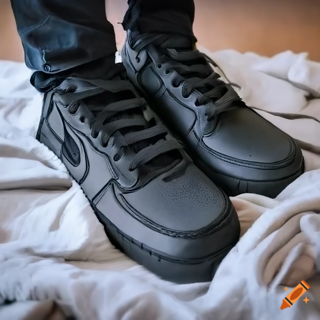 Close-up of black AF1 shoes on a messy blanket on Craiyon