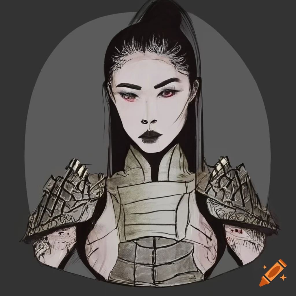 Sketch of intense looking japanese woman in light armor