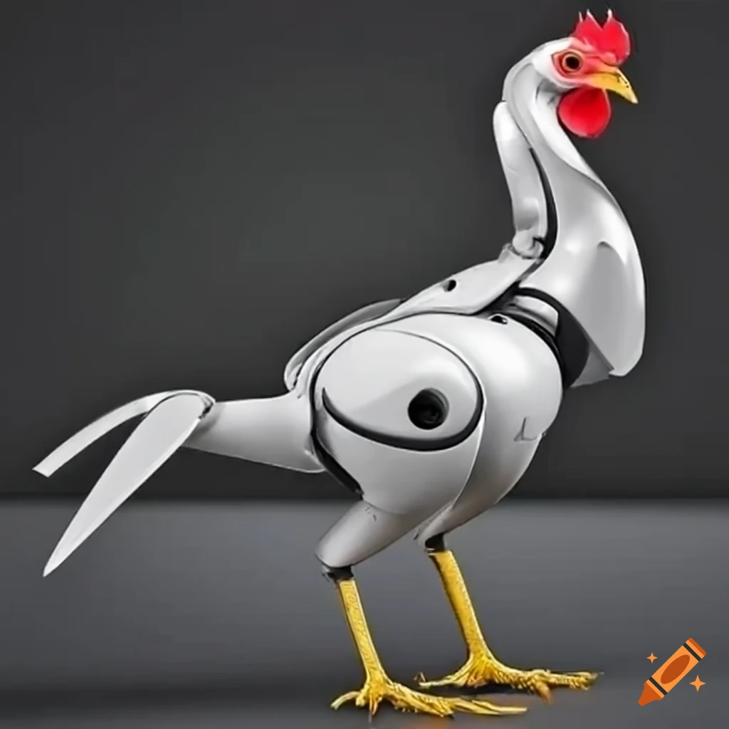 Futuristic robotic chicken in motion on Craiyon
