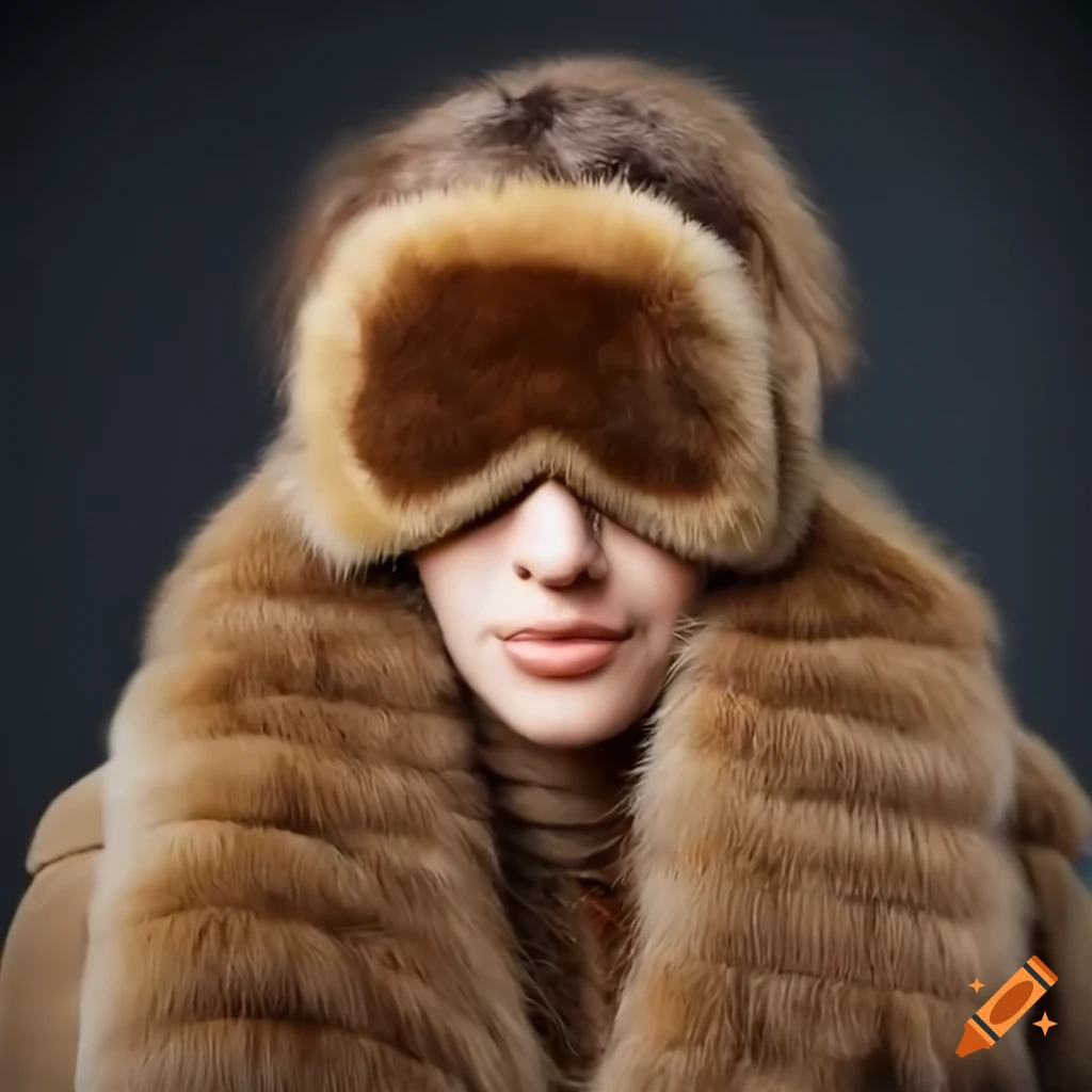 Woman wearing a fluffy fur coat and sleep mask on Craiyon