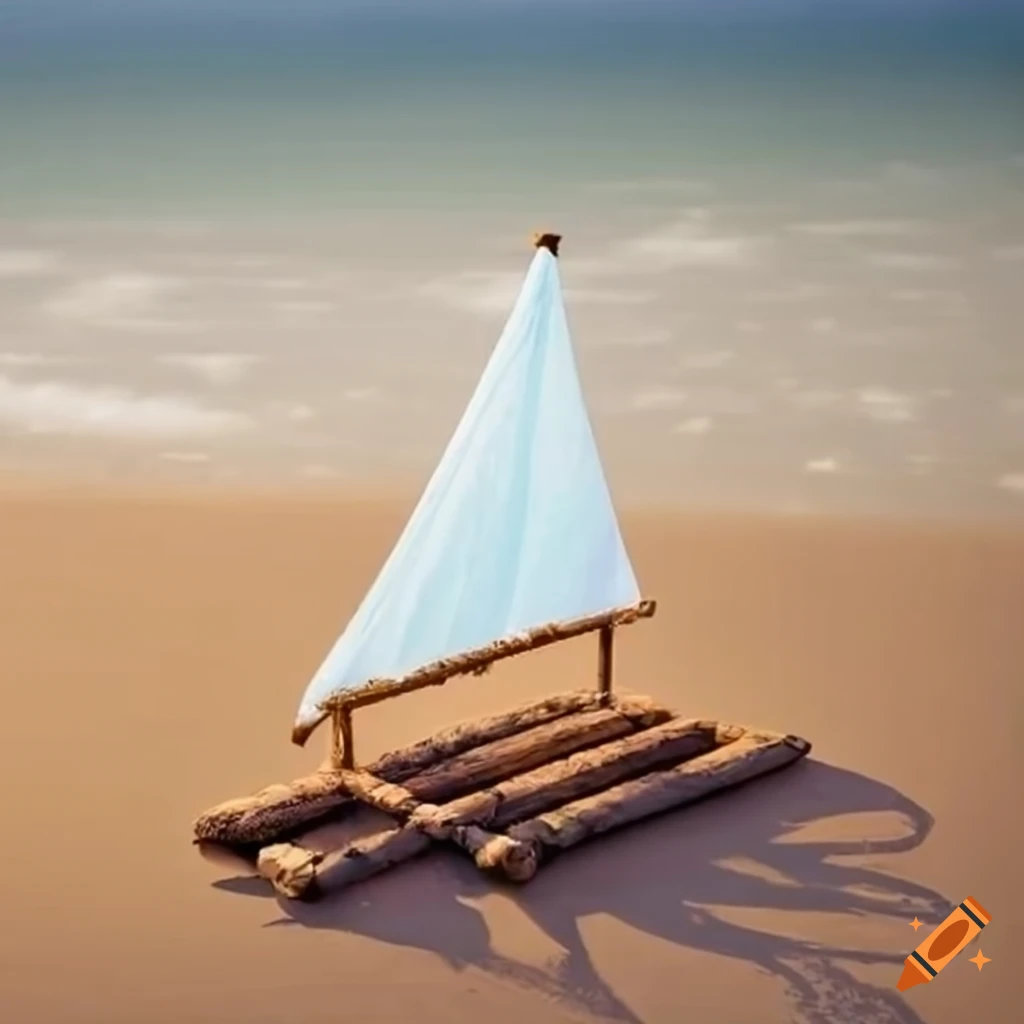Wooden raft with a white sail on the beach on Craiyon