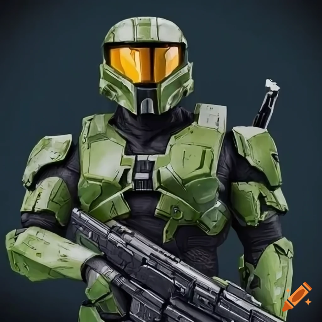 Master chief in mandalorian armor with a blaster rifle on Craiyon