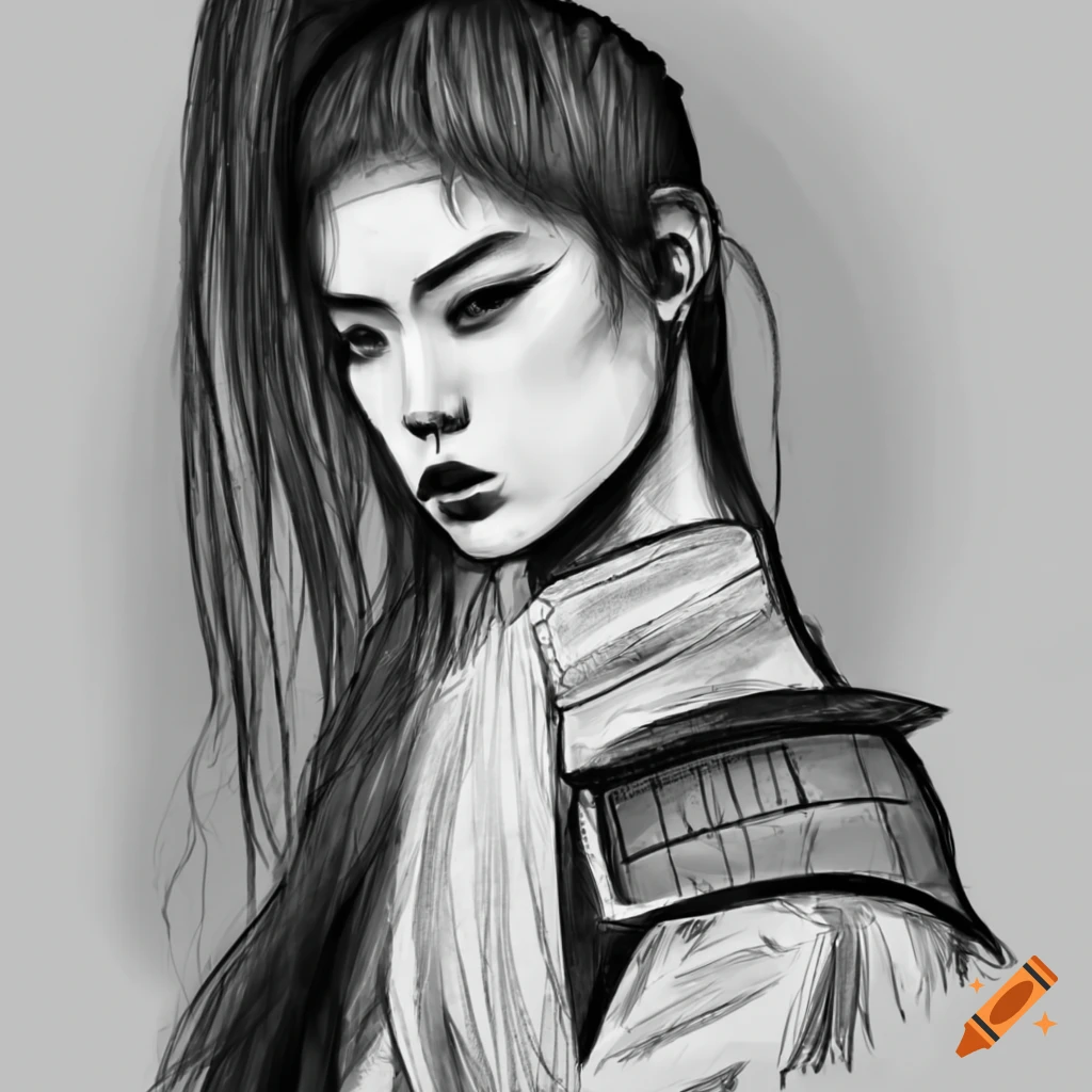Sketch of intense japanese woman in light armor on Craiyon