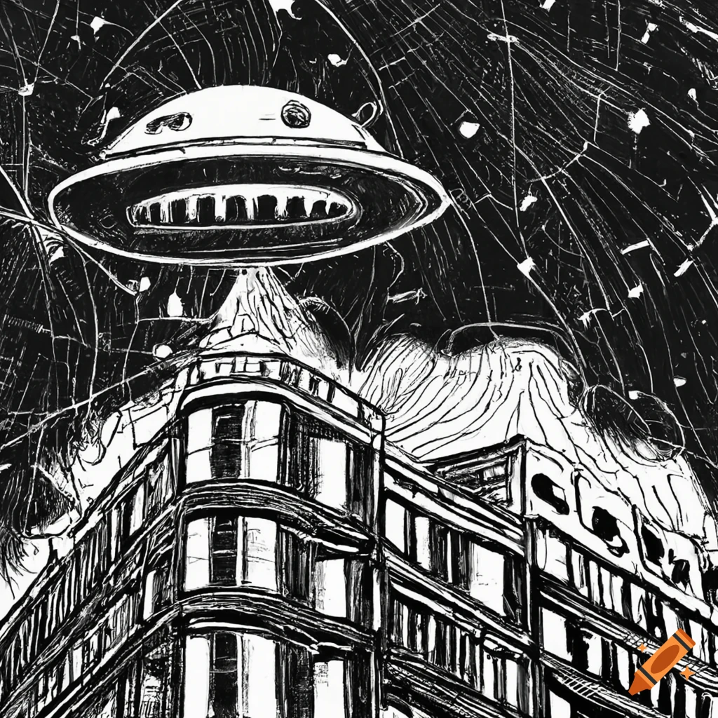 Black and white ink drawing of a UFO in a city on Craiyon