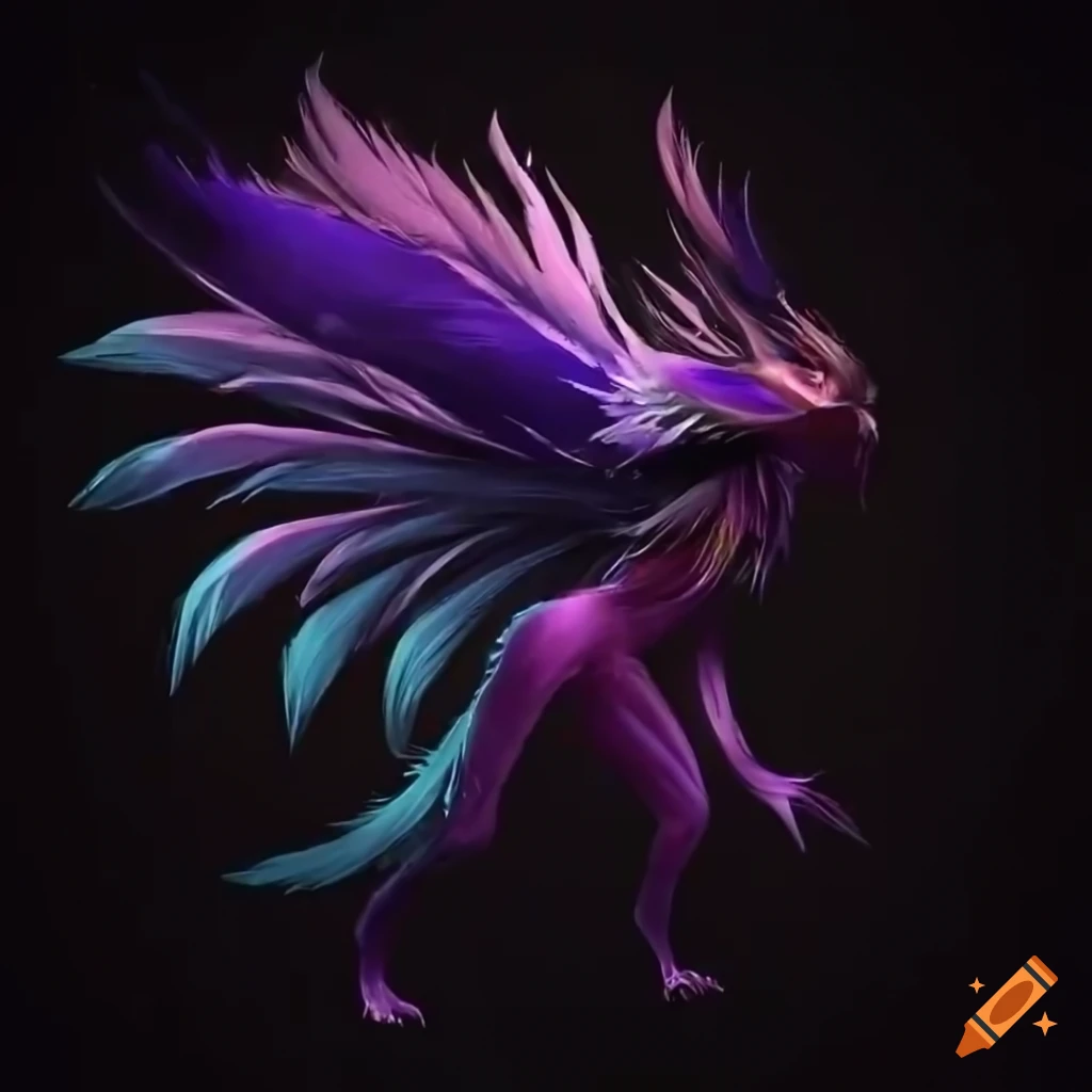 Digital art of a graceful imaginary creature with feathers on Craiyon