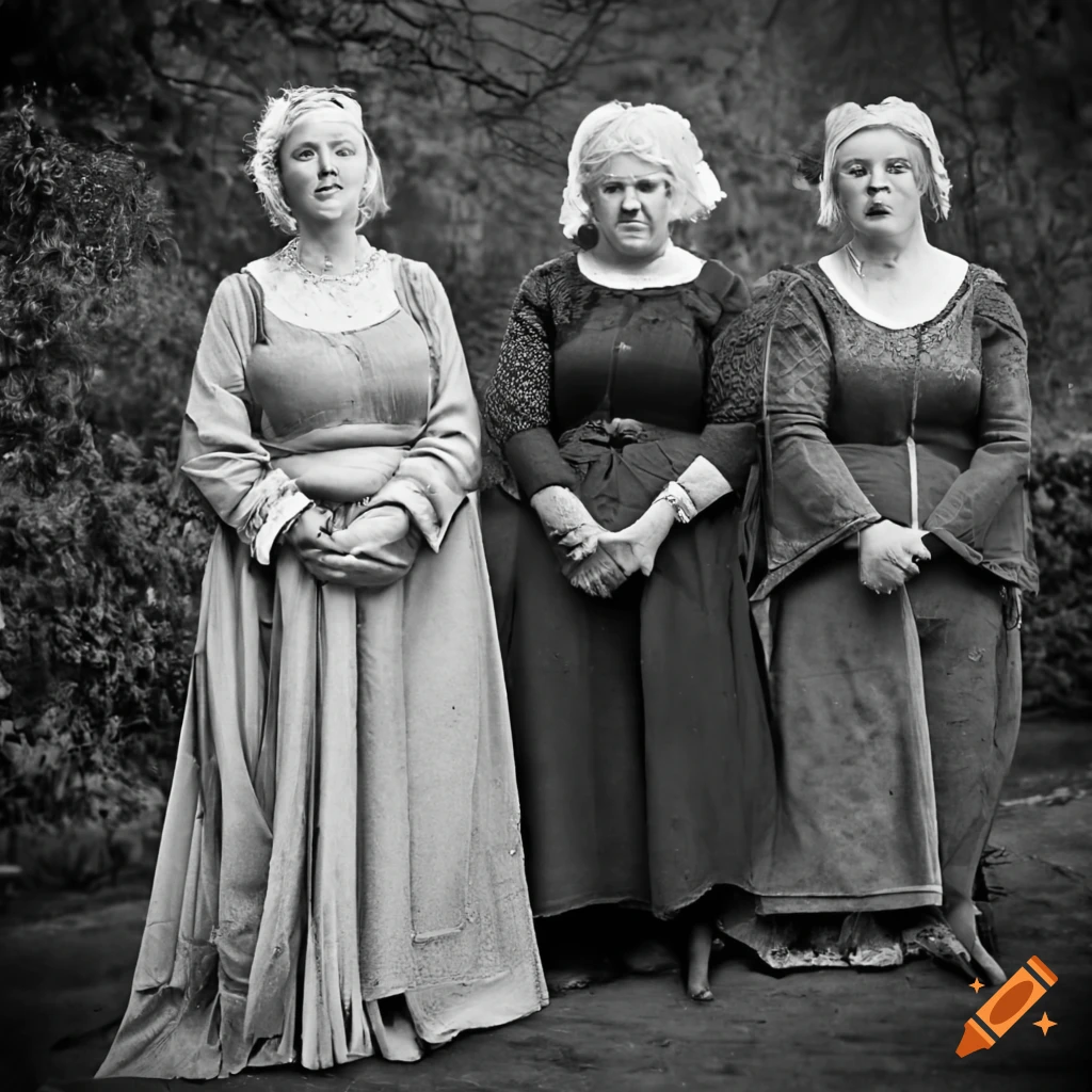 Black and white image of three women in a medieval setting on Craiyon