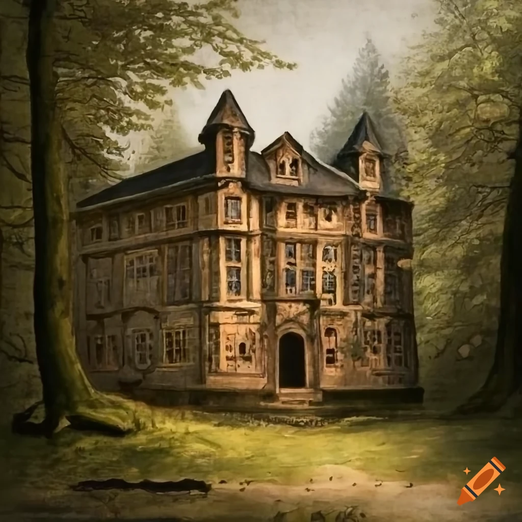 Intricately decorated stone college building in the woods