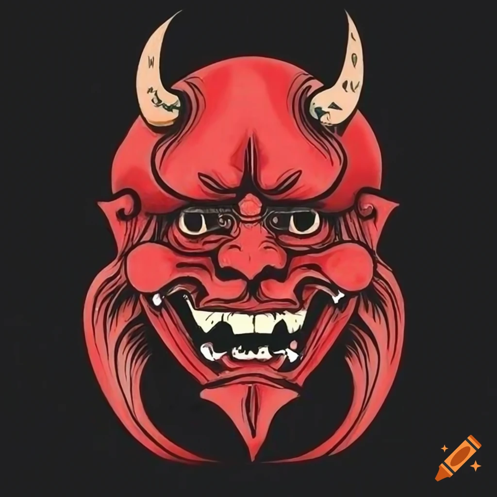 Red demon mask illustration on black background