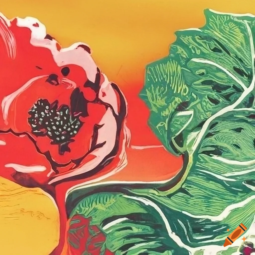 Vibrant lino print of a vegetable garden on Craiyon